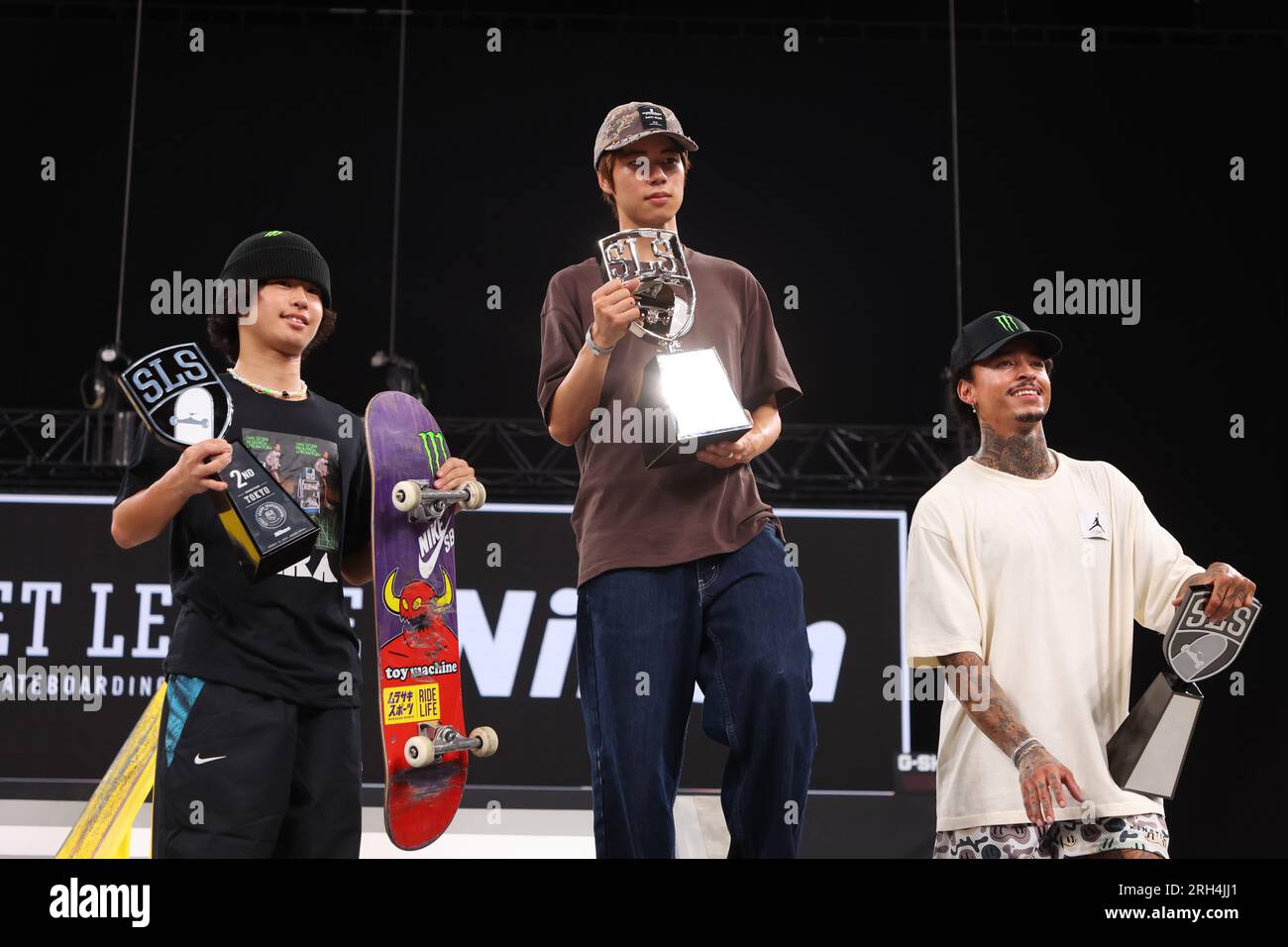 Tokyo, Japan. 12th Aug, 2023. (L to R) Daiki Ikeda, Yuto Horigome (JPN), Nyjah Huston (USA ...