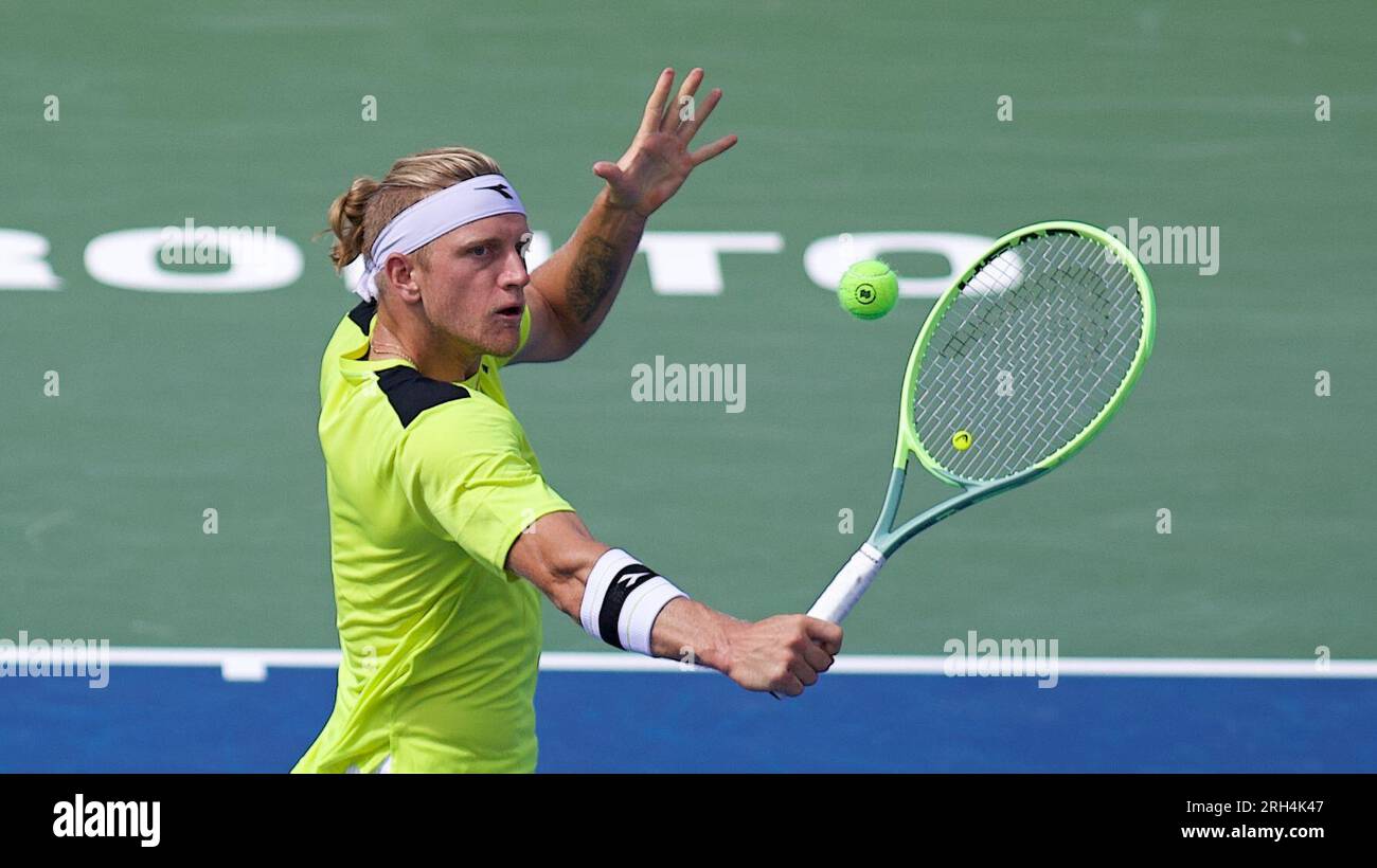 Alejandro Davidovich Fokina of Spain plays a backhand during his men's ...