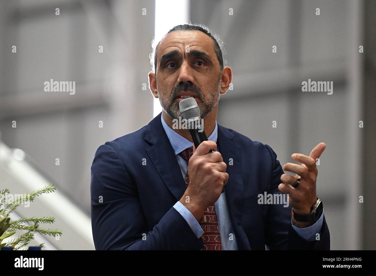 Sydney, Australia. 14th Aug, 2023. Adam Goodes speaking as QANTAS ...