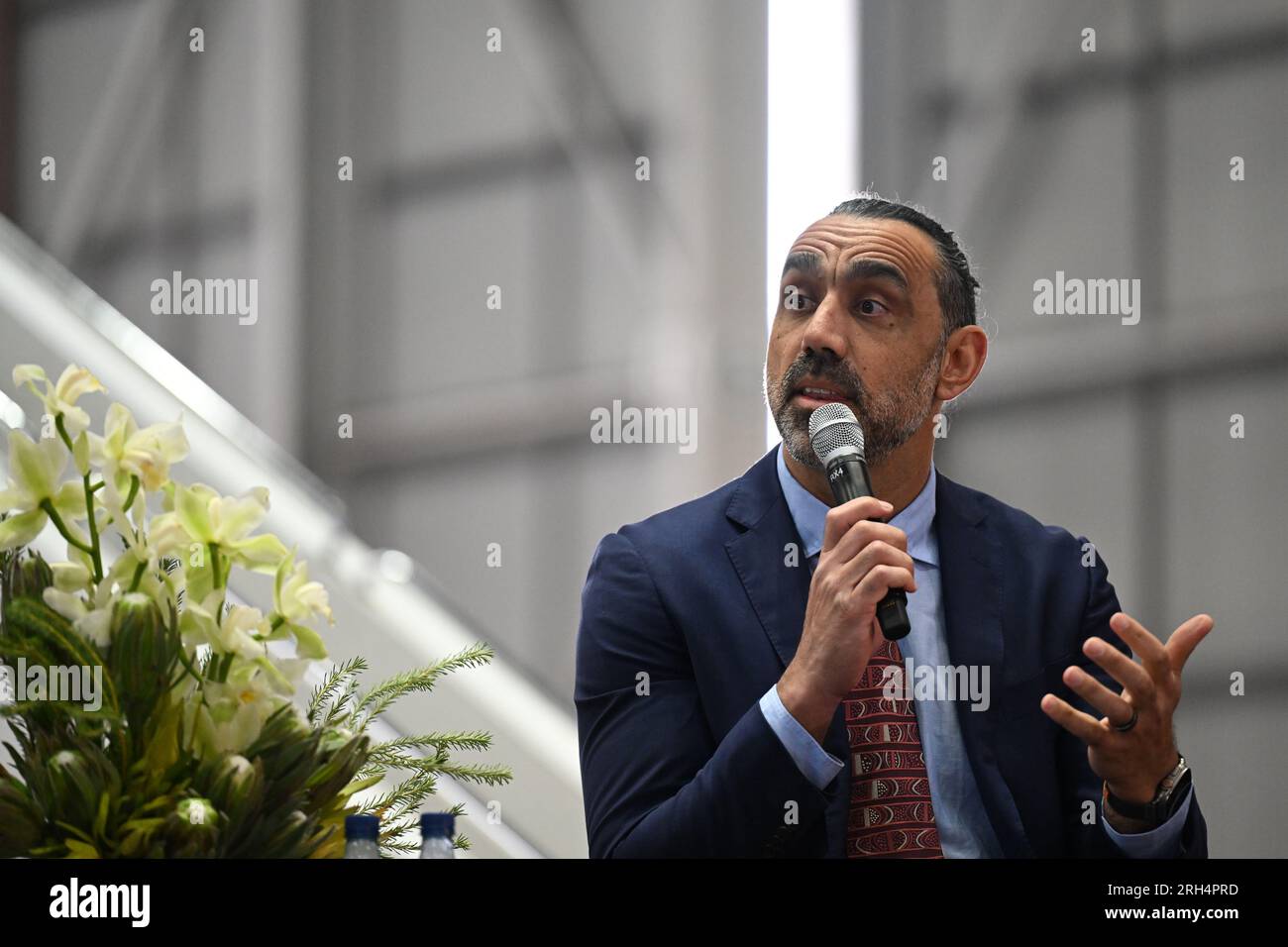 Sydney, Australia. 14th Aug, 2023. Adam Goodes speaking as QANTAS ...