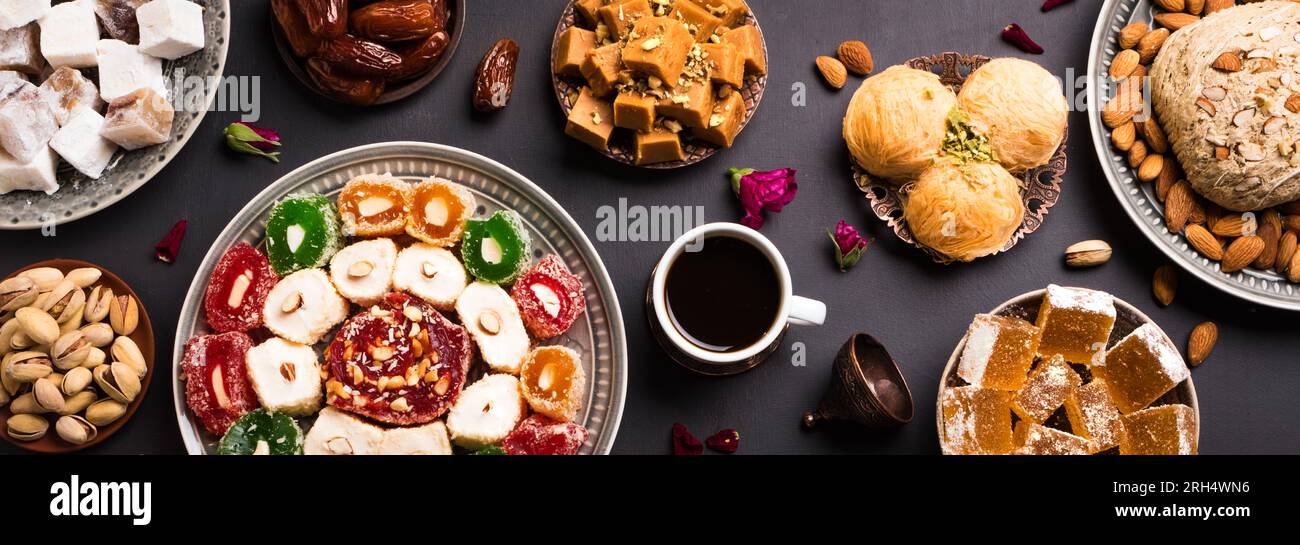 Middle Eastern Sweets, Turkish Delights and Black Coffee on black ...
