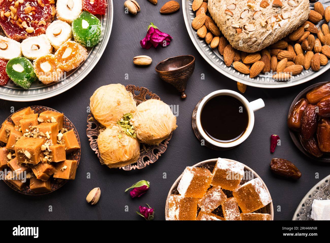 Middle Eastern Sweets, Turkish Delights and Black Coffee on black ...