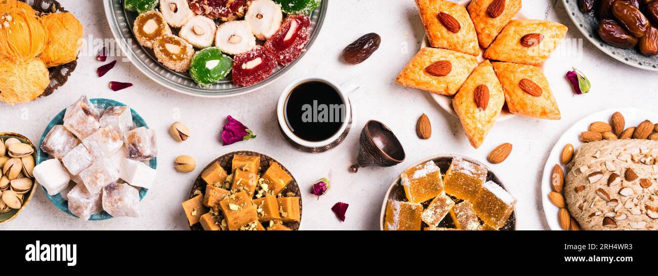 Middle Eastern Sweets, Turkish Delights and Coffee on white background ...