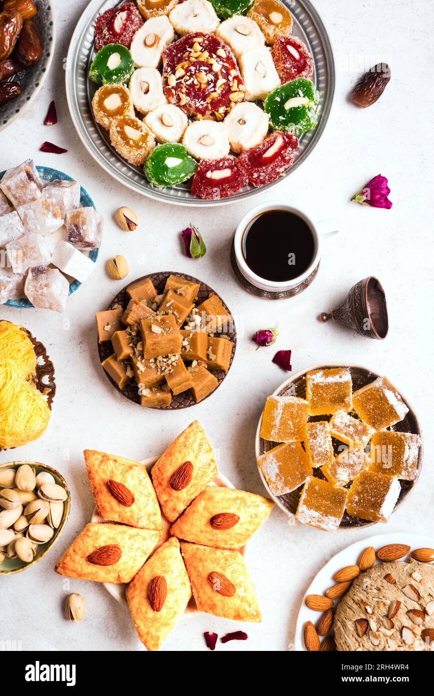 Middle Eastern Sweets, Turkish Delights and Black Coffee on white ...