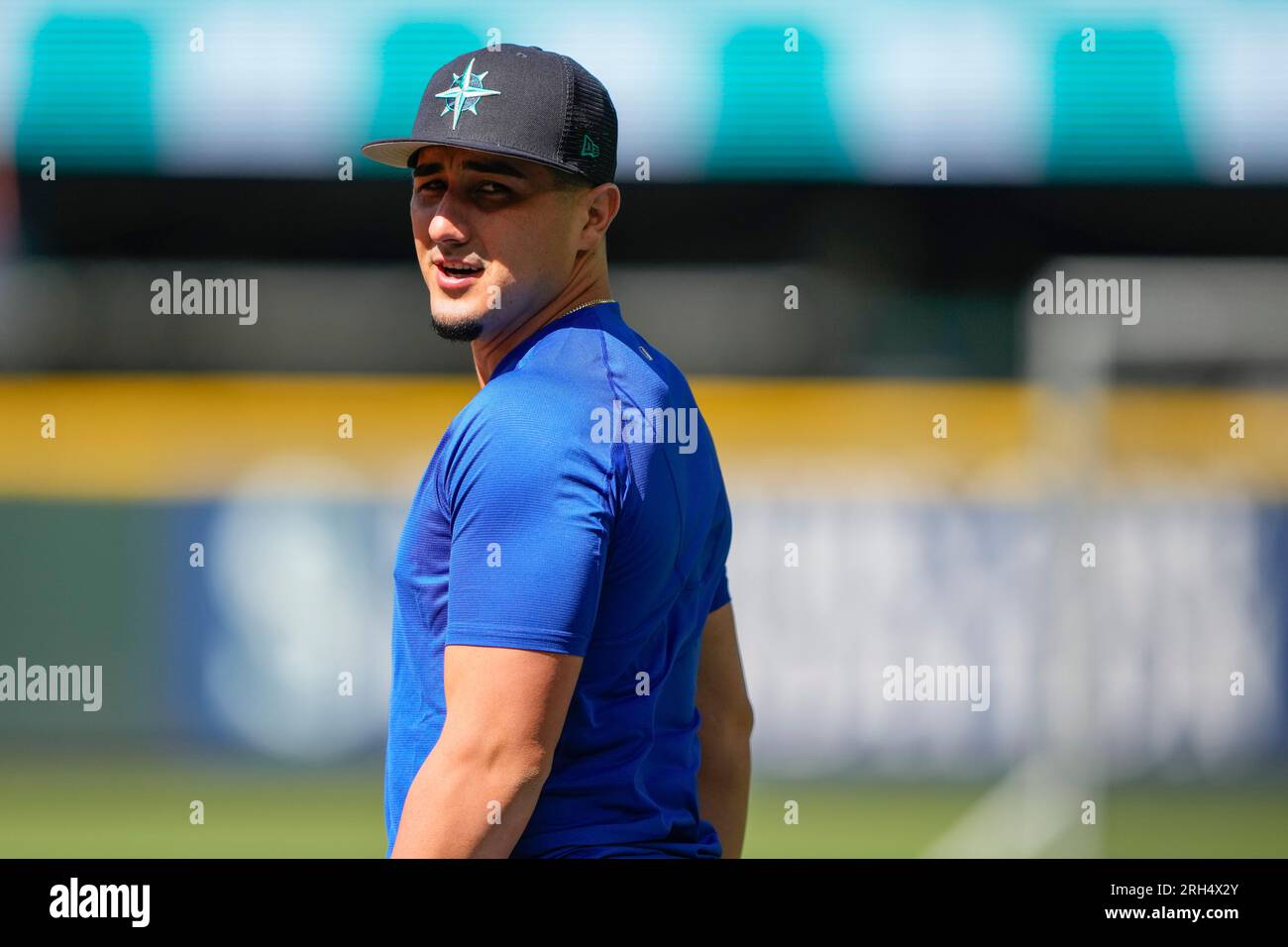 Seattle Mariners' Josh Rojas looks on during batting practice before a ...