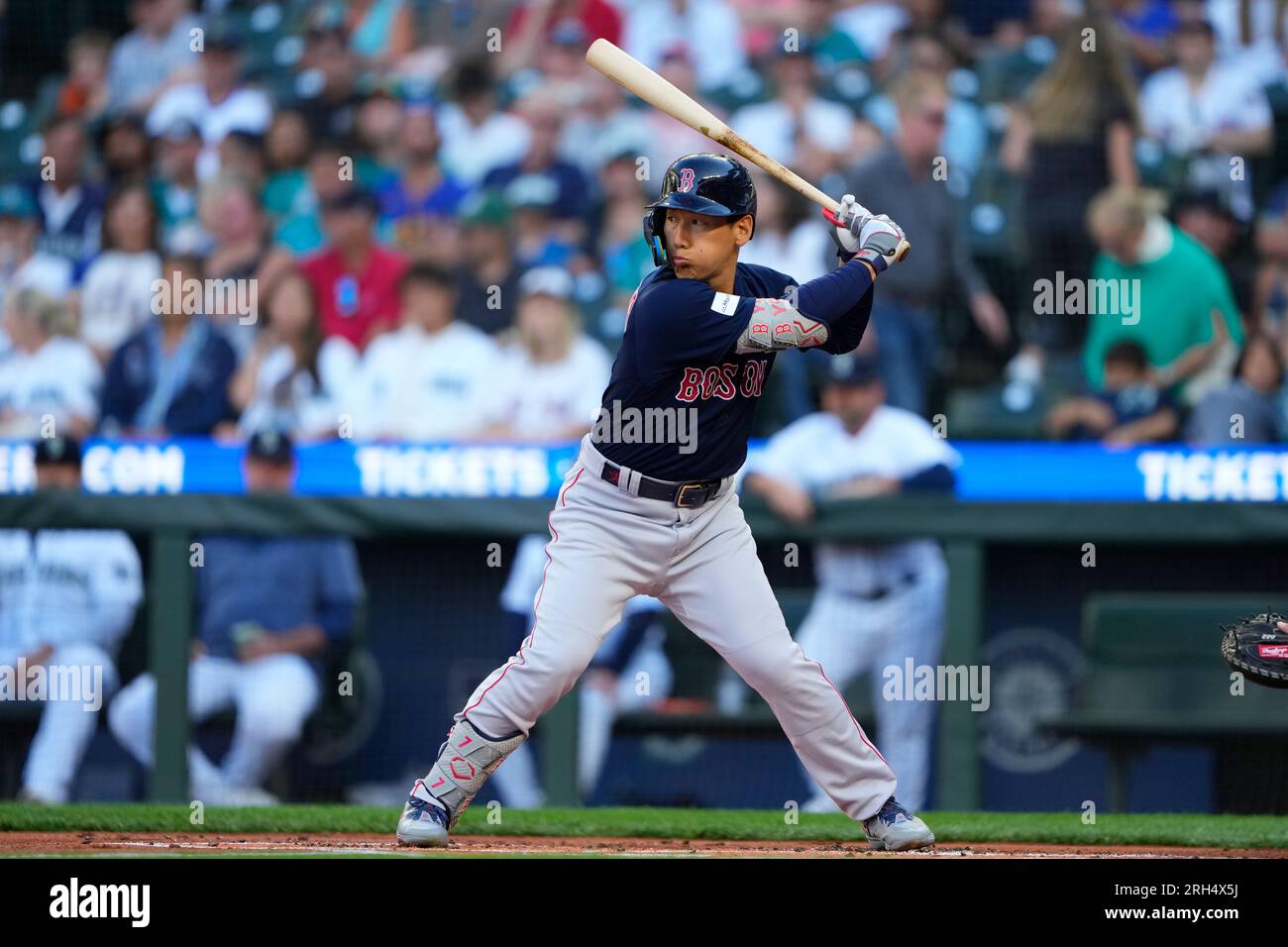 Boston Red Sox's Masataka Yoshida looks for a pitch against the Seattle Mariners during a ...