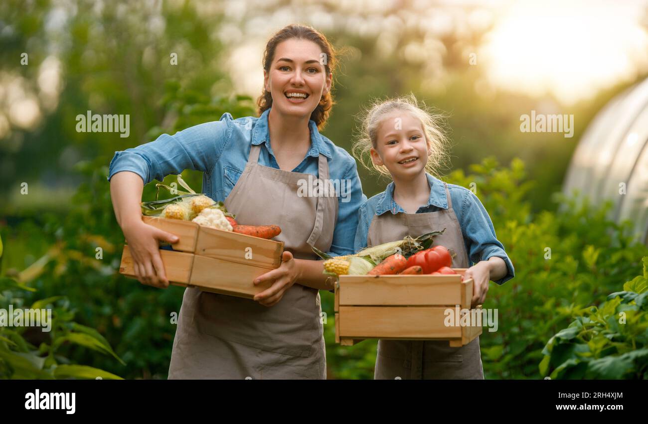 Happy mother and daughter gardening in the backyard organic garden. Kid ...