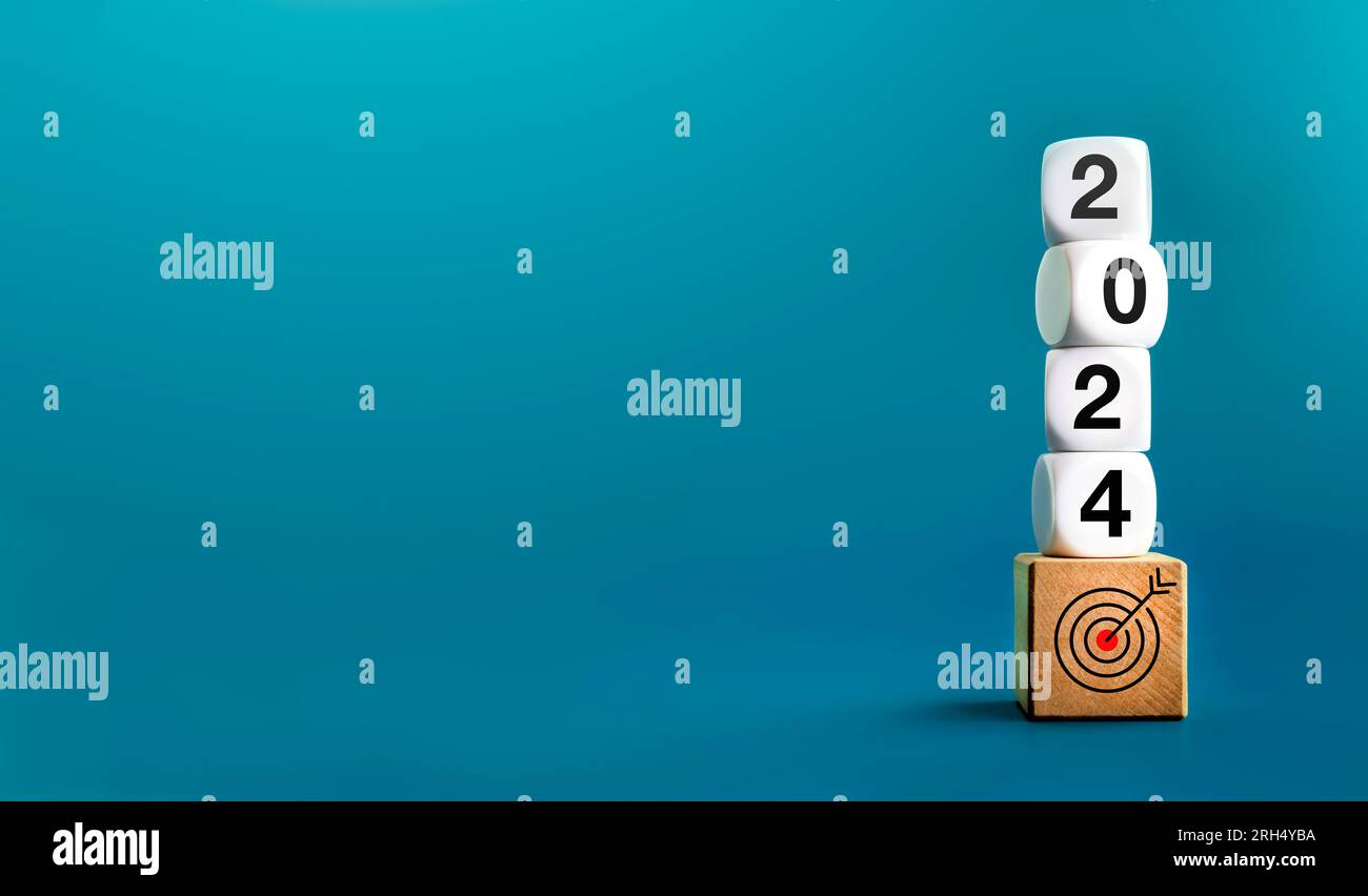 2024 Happy New year background banner. Numbers on white dices on target ...