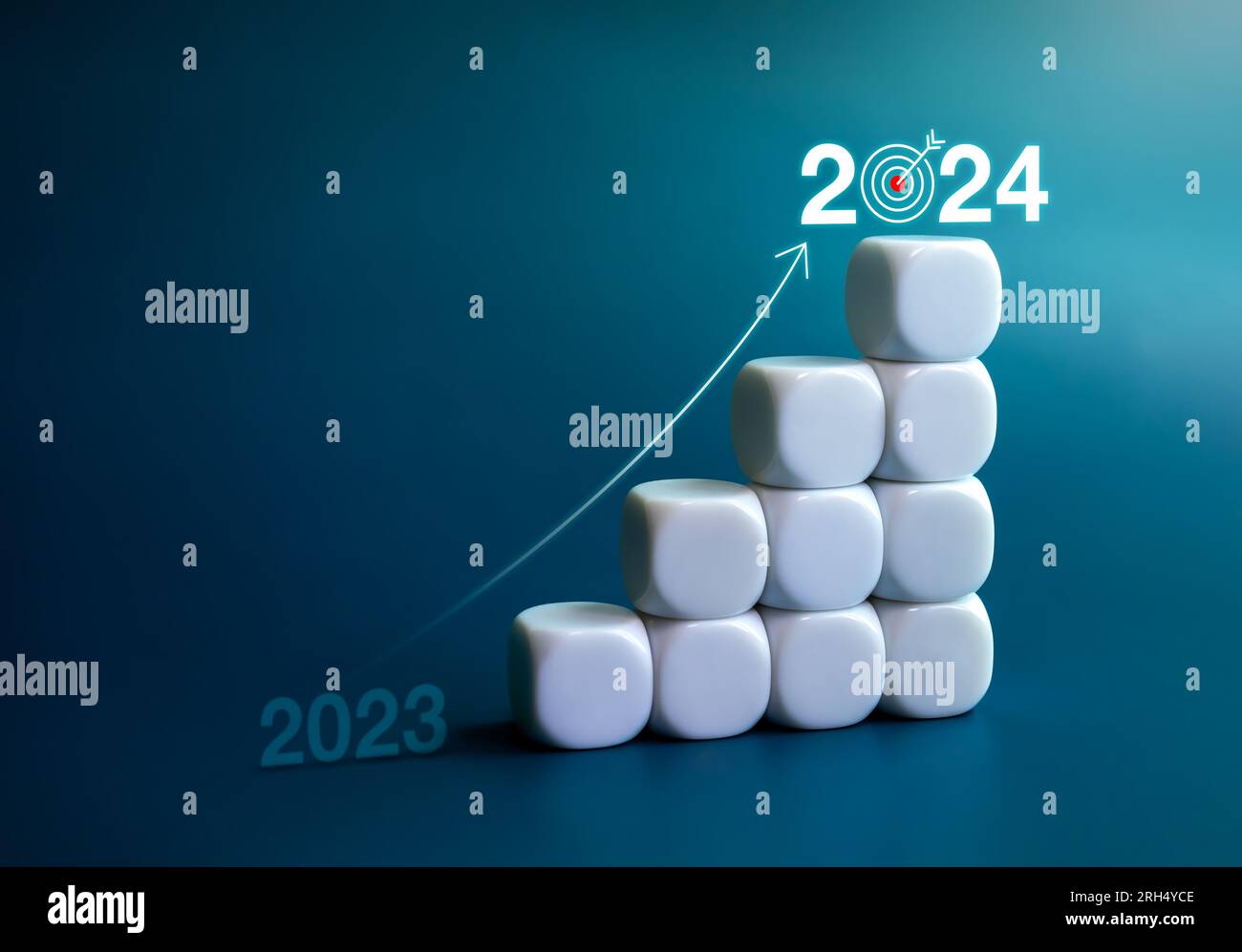 Increase rise up arrow on white blocks chart steps from year 2023 to ...