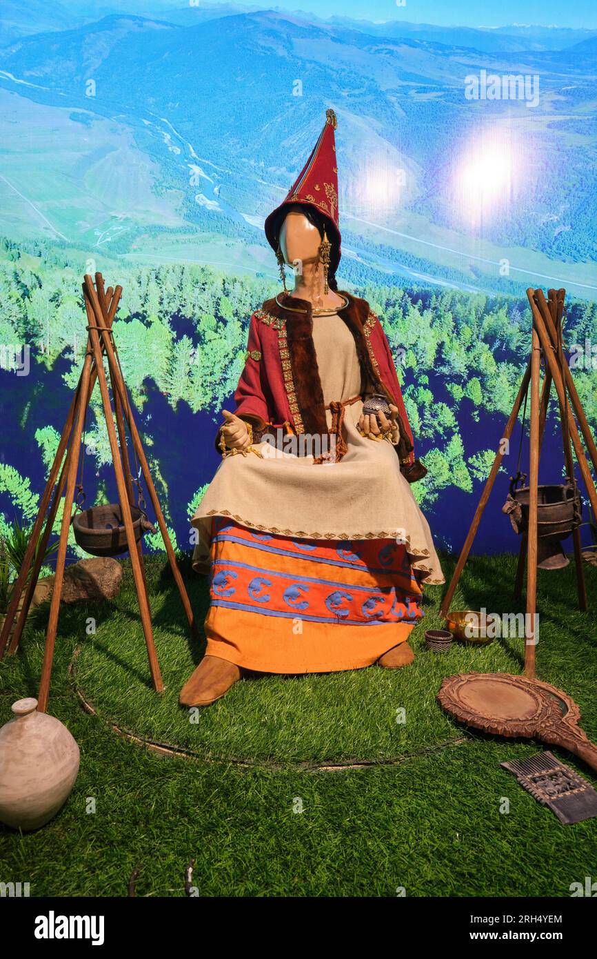 A display of typical ancient woman Kazakh dress, clothes, wardrobe ...