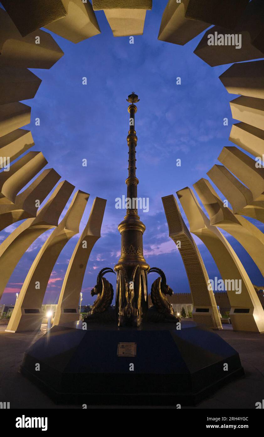 A night view of the modern, circular monument, Pamyatnik Khanam ...