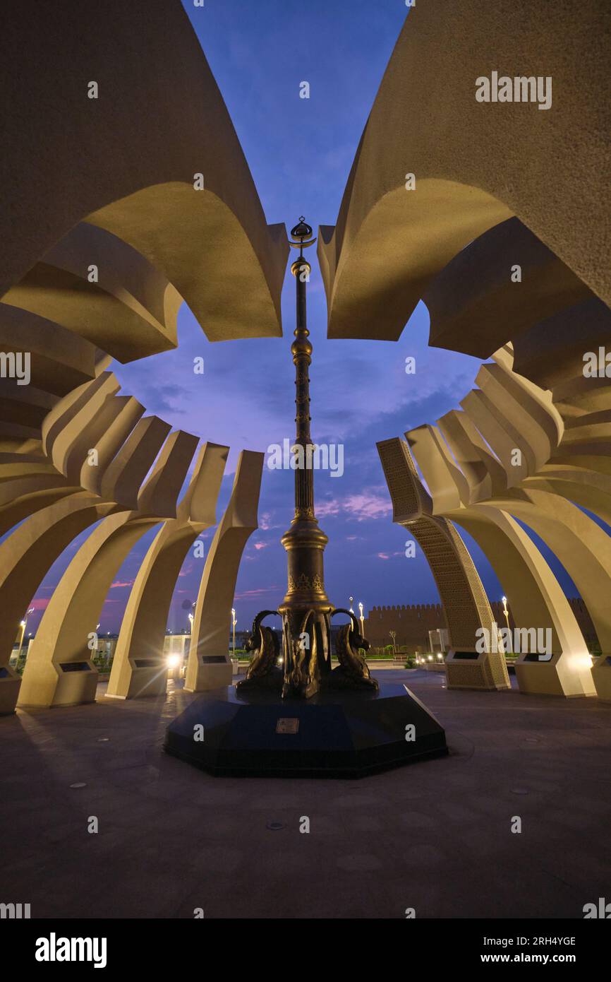 A night view of the modern, circular monument, Pamyatnik Khanam ...