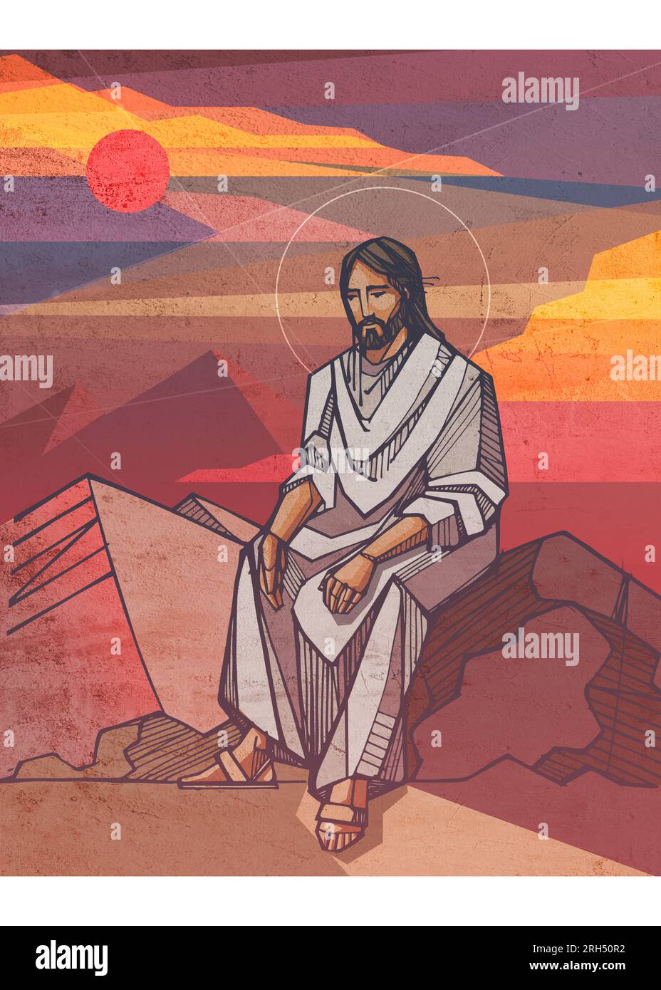 Hand drawn vector illustration or drawing of Jesus in the desert Stock ...
