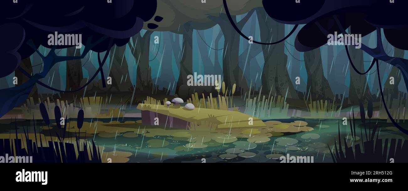 Jungle forest swamp with rain vector background. Pond or lake in deep ...