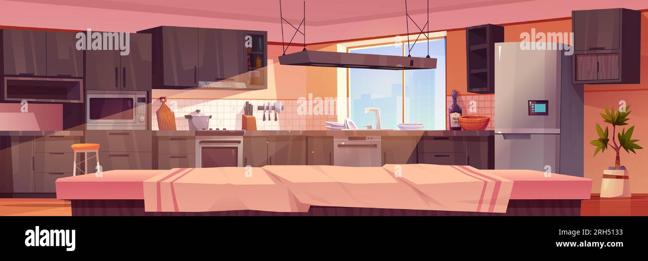 Cartoon home kitchen interior table view vector background illustration ...