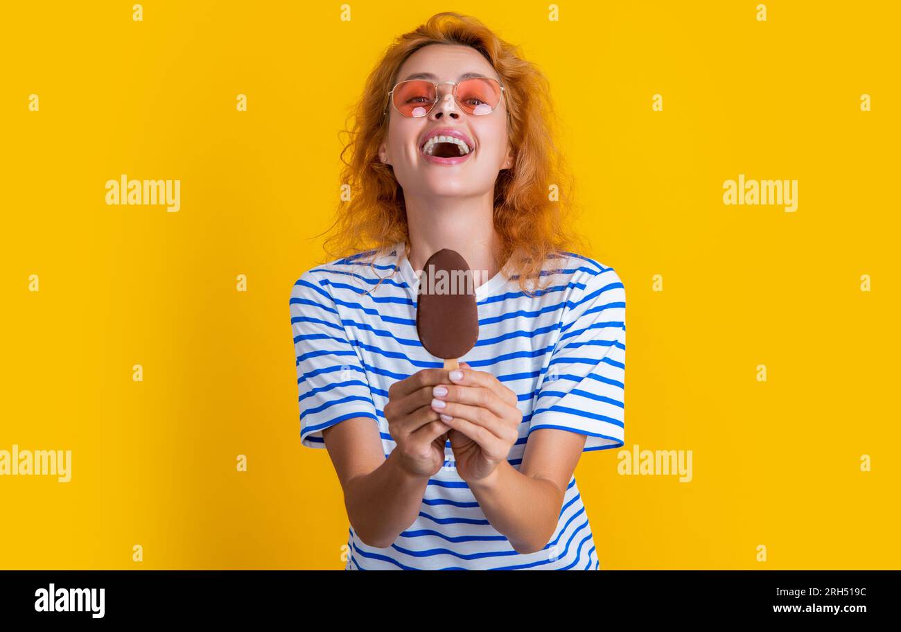 laughing girl with icelolly ice cream in studio. girl with icelolly ice ...