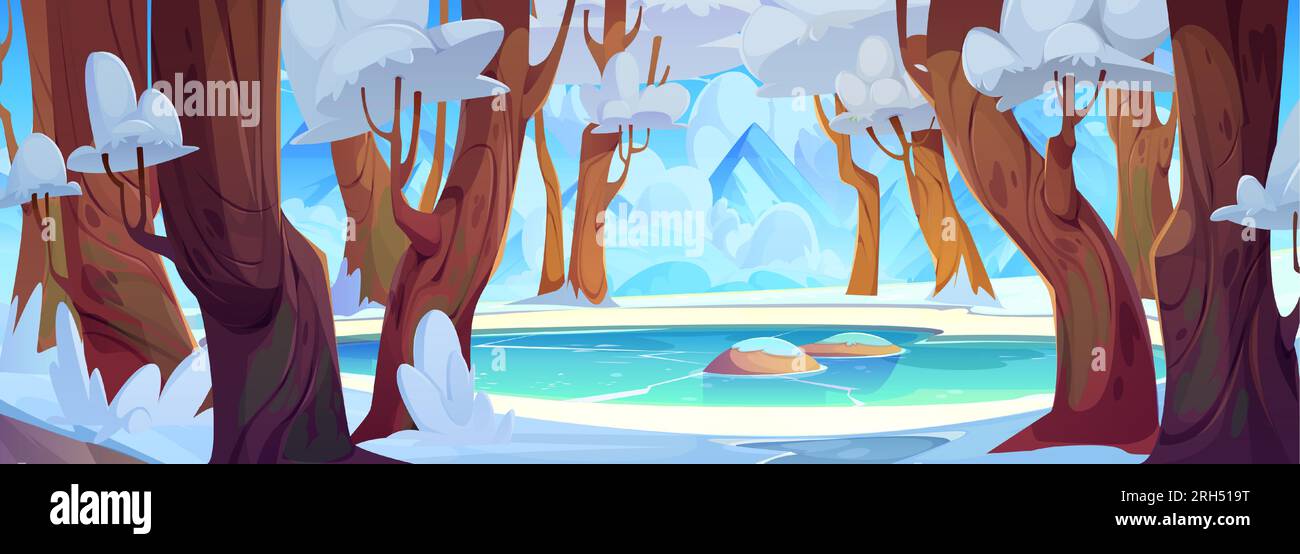 Winter forest with mountain frozen lake cartoon landscape illustration ...