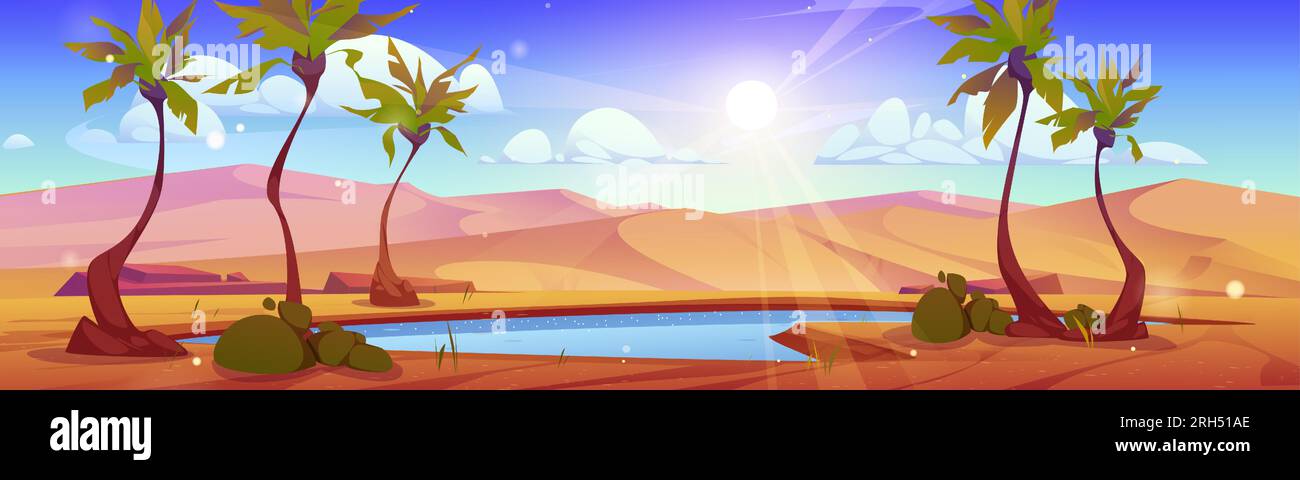 Desert oasis with lake and palm trees under burning sun on blue sky ...