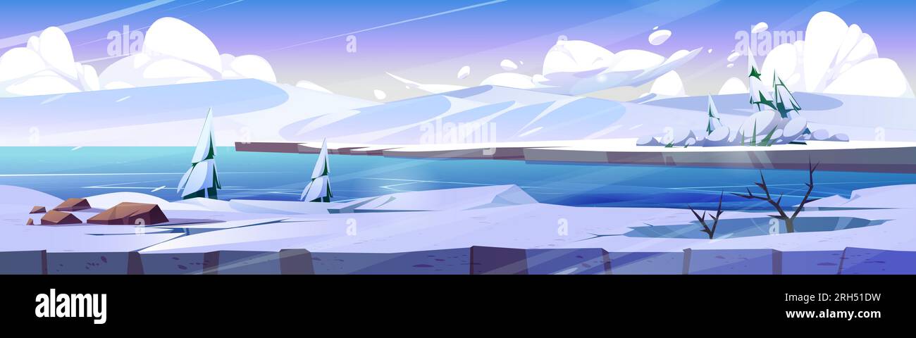 North pole landscape background with winter tree. Arctic glacier land ...