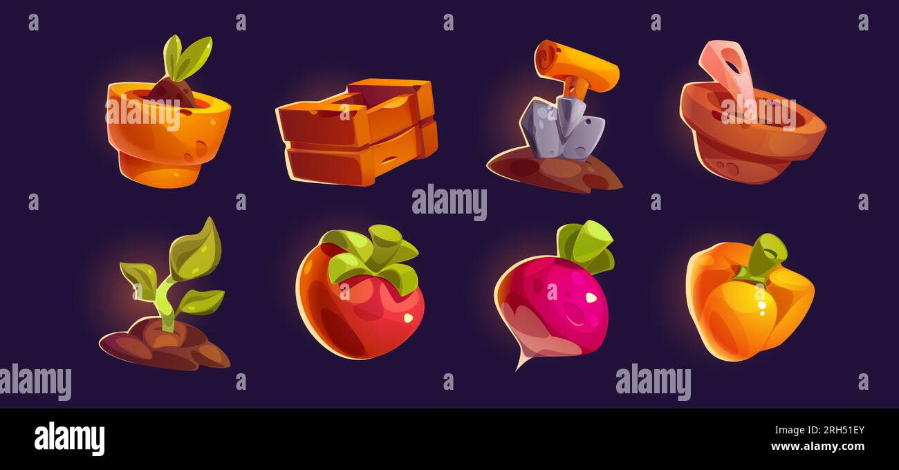 Farm gardening game ui icon of tool and vegetable vector cartoon ...