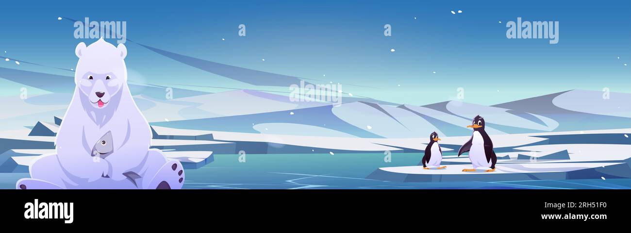 North pole background with polar bear and penguin background. Arctic ...