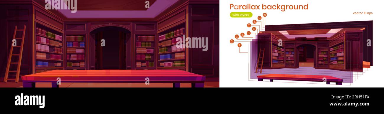 Vintage library with many books on wooden shelves, vector parallax ...