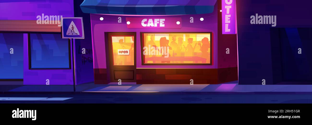 Night city street cafe building outside cartoon background. Restaurant ...