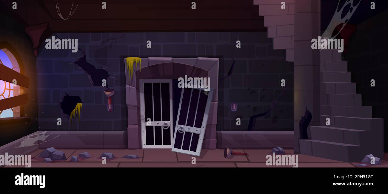 Abandoned game medieval castle prison dungeon cell background. Broken ...