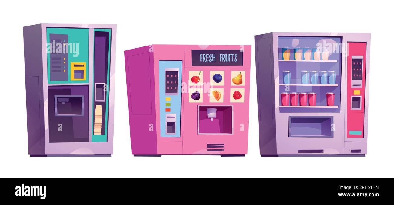Cartoon vending machine vector icon illustration. Beverage, soda and coffee drink selling ...