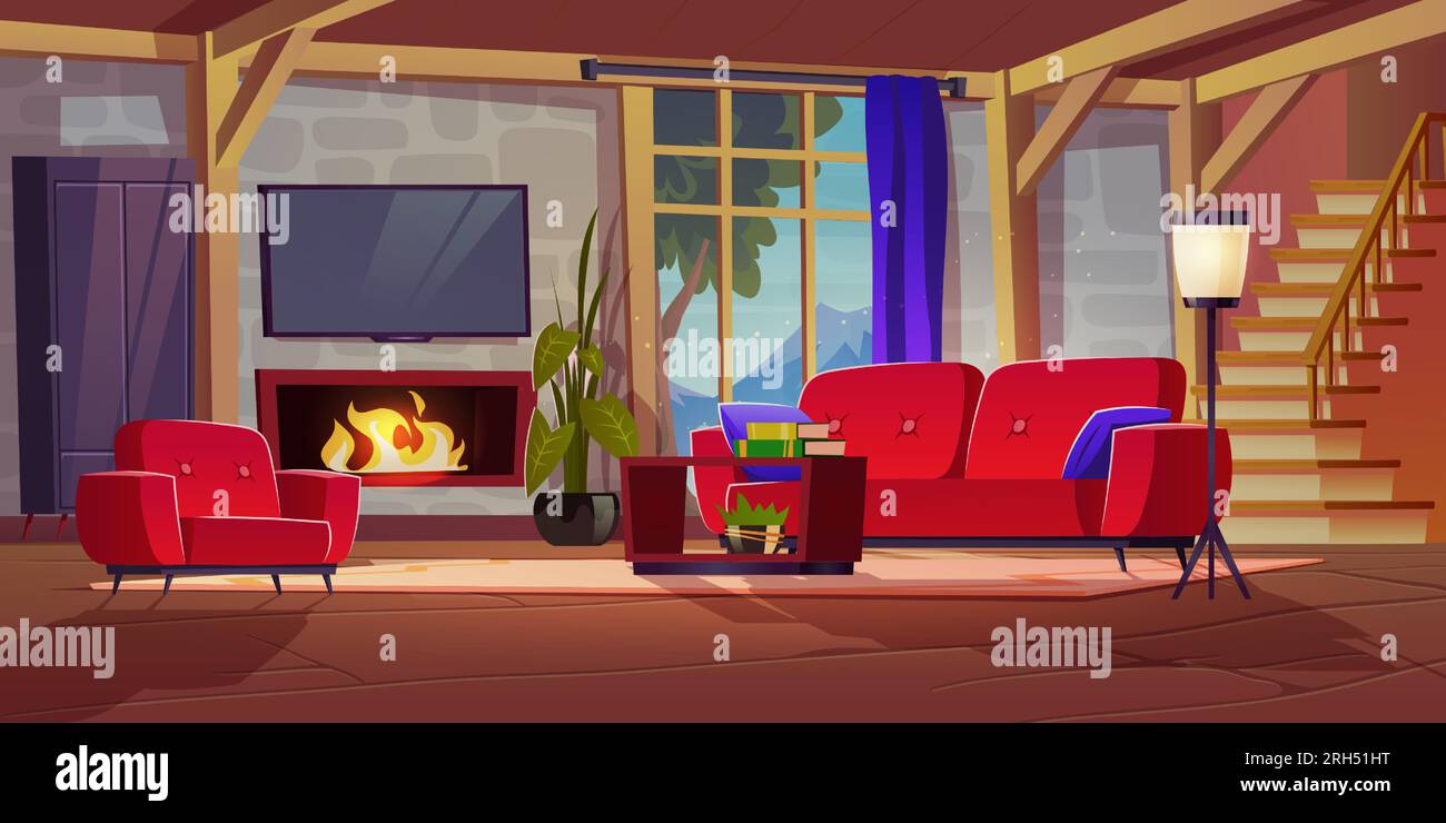 Cartoon Living Room With Fireplace Christmas Interior Of Room With
