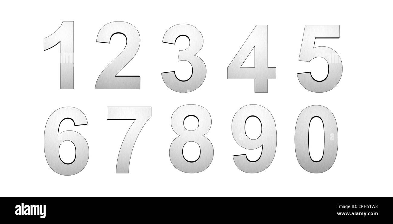 Set of gray brushed metal numbers isolated on white background. 3D ...