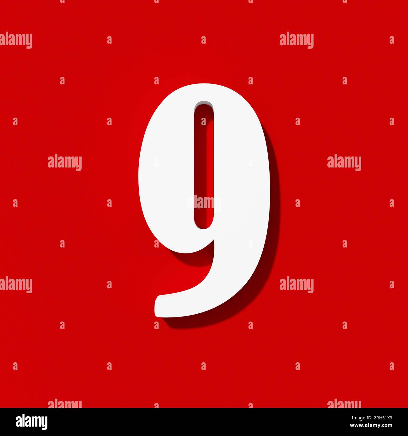 White number nine 9 on red background. Top view. 3D render Stock Photo ...