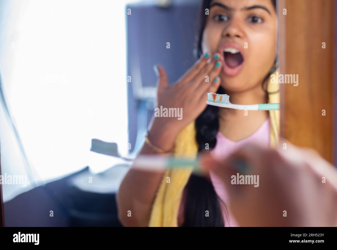 An Indian Woman Female Girl In Front Of Mirror Facing Dental Problem While Brushing Teeth On