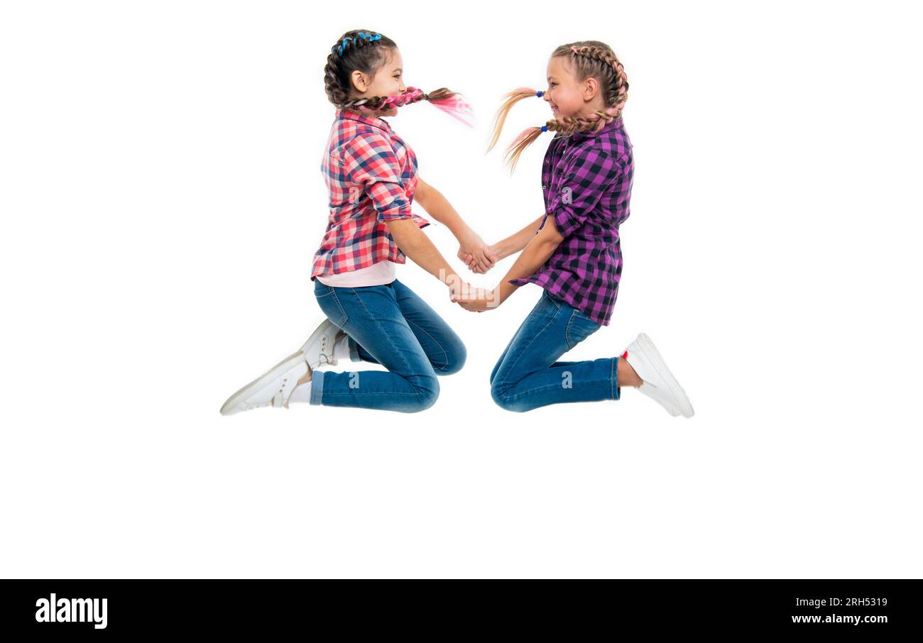 bond of sisterhood and friendship. girls friends having fun and jumping ...