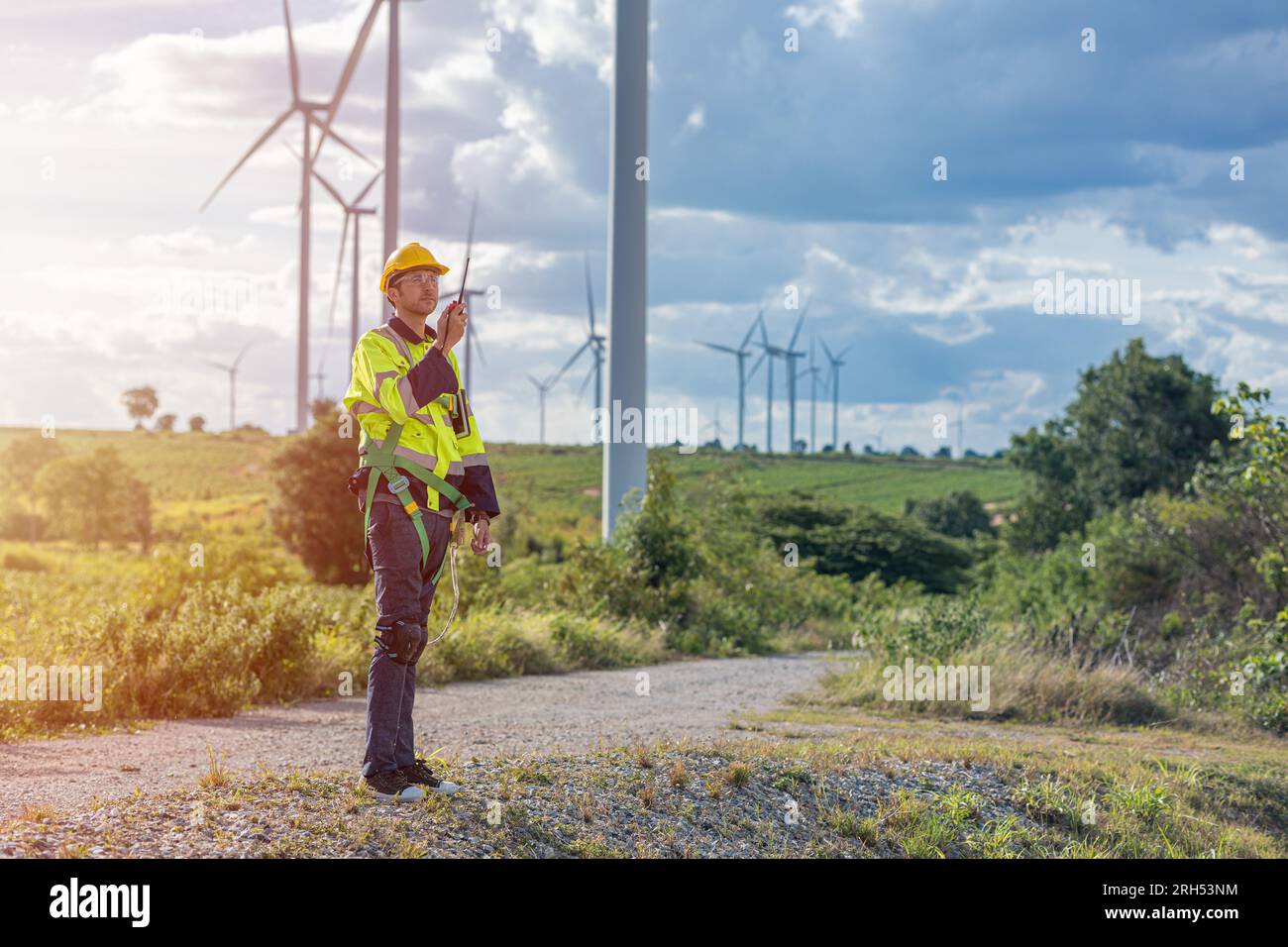 Wind turbine technician checking service. Engineer team professional ...