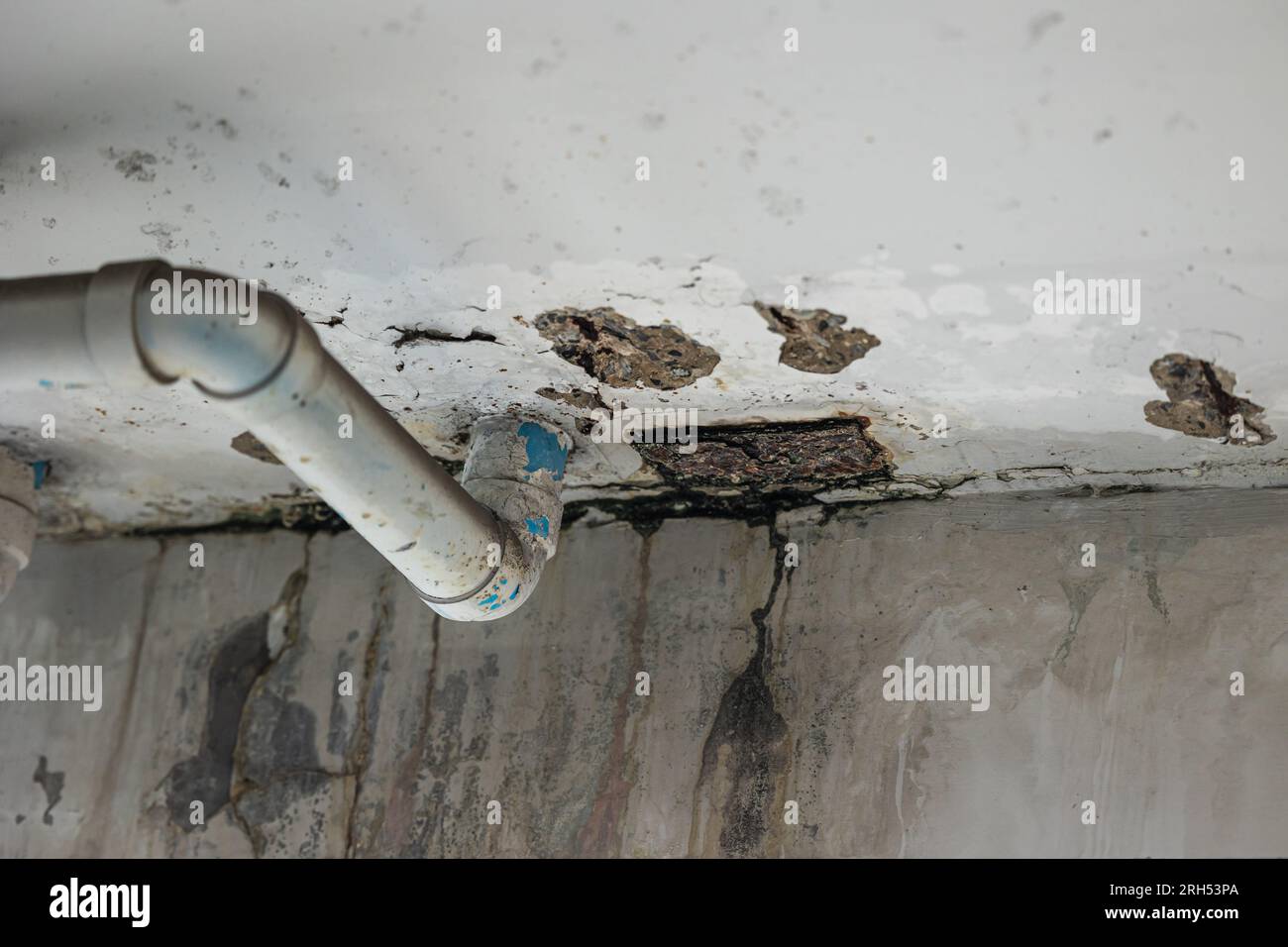 sewer pipe leak bad old plumbing water leakage inside the concrete wall ...