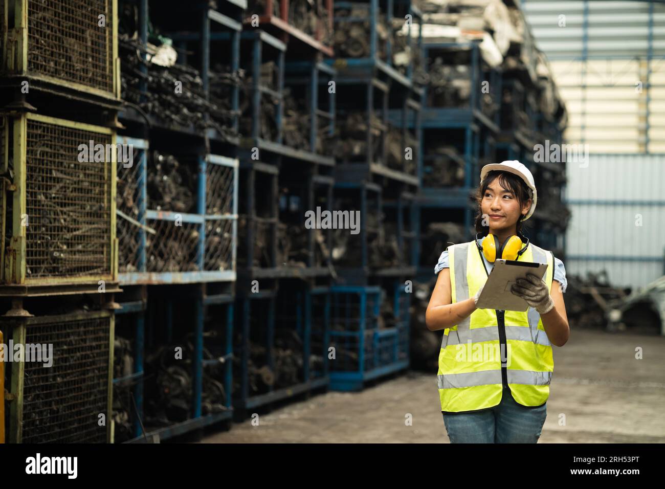 Happy women worker engineer technician employee working dirty workplace ...