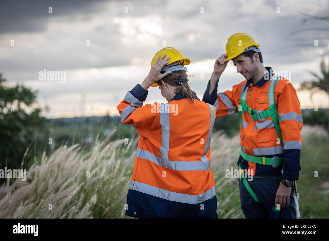 Engineer electricity technician team rest stop working strom cloudy ...