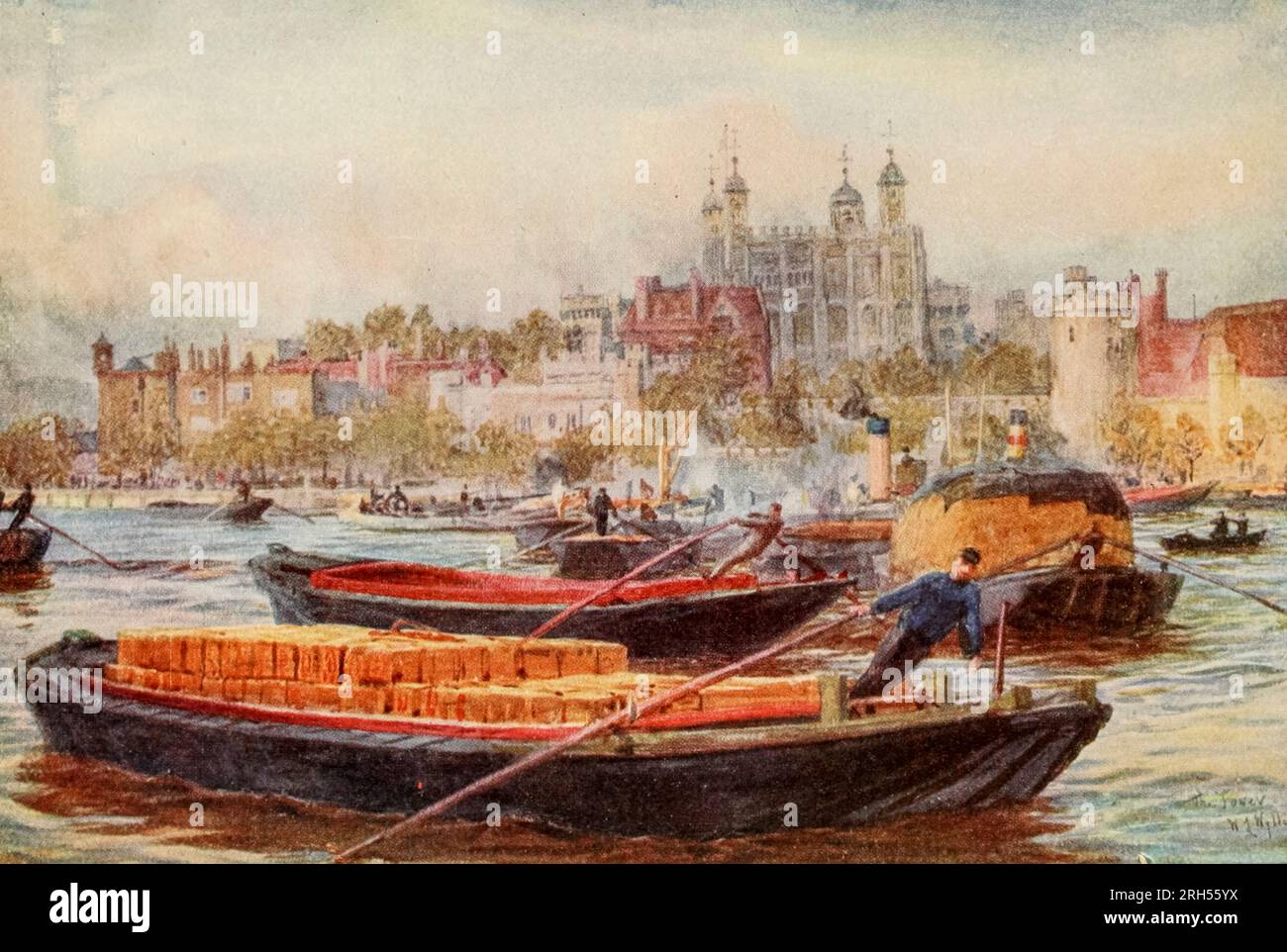 THE TOWER OF LONDON AND BARGES ON THE THAMES from ' the book of London ...