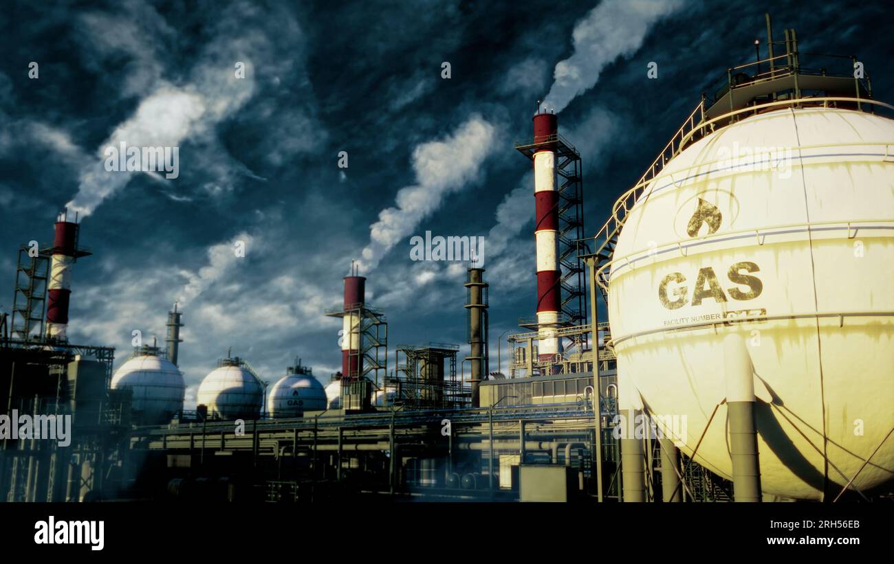 flammable natural gas or LNG storage tanks on refinery or processing ...