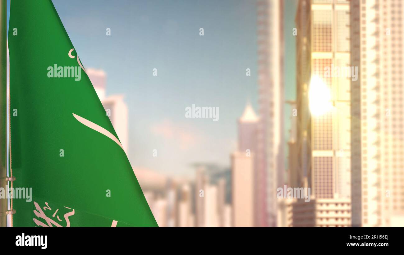 flag of Saudi Arabia on city skyscrapers buildings vanilla sunrise bg ...