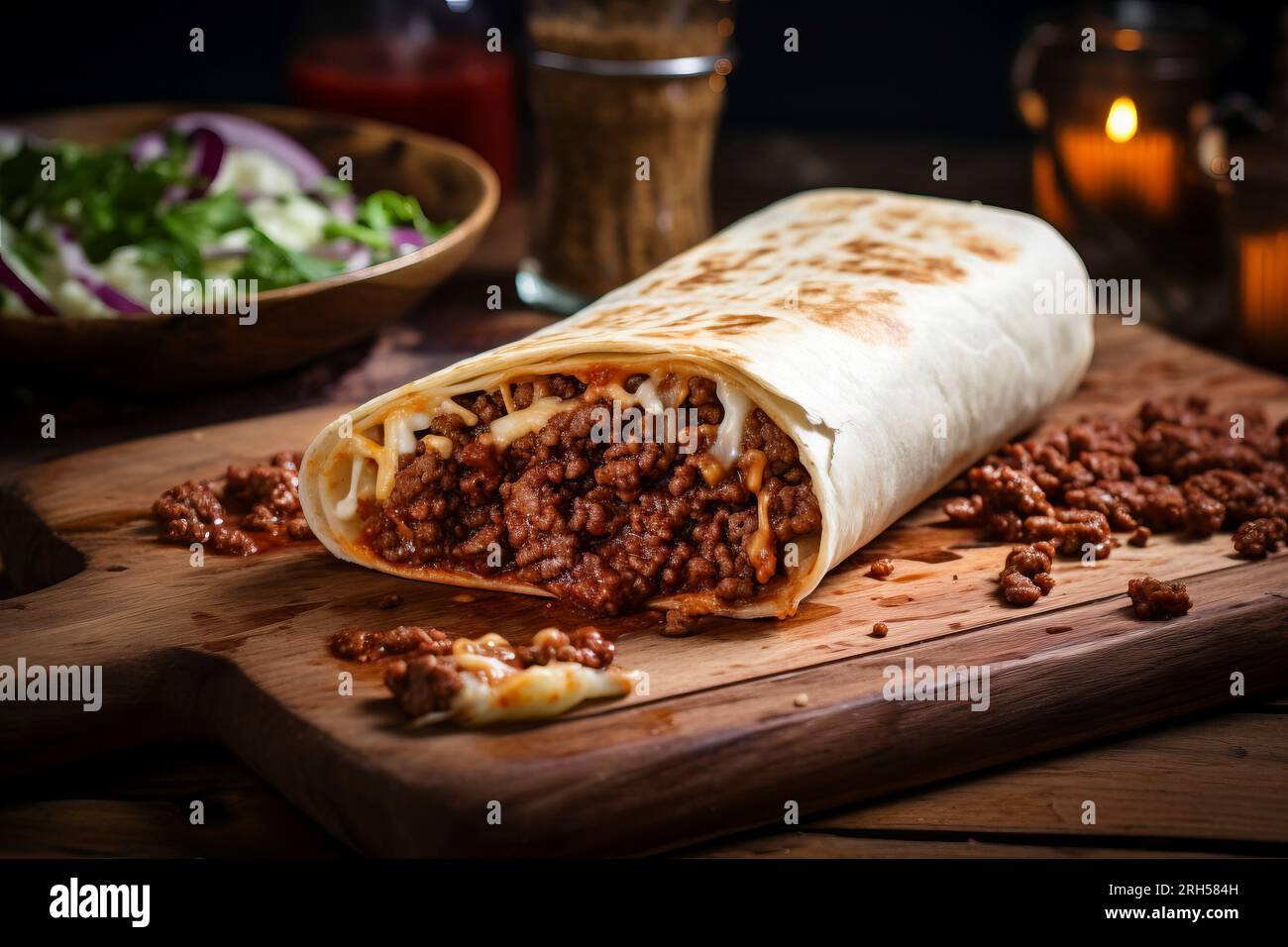 A flavorful beef burrito wrapped neatly, showcasing the rich Mexican ...