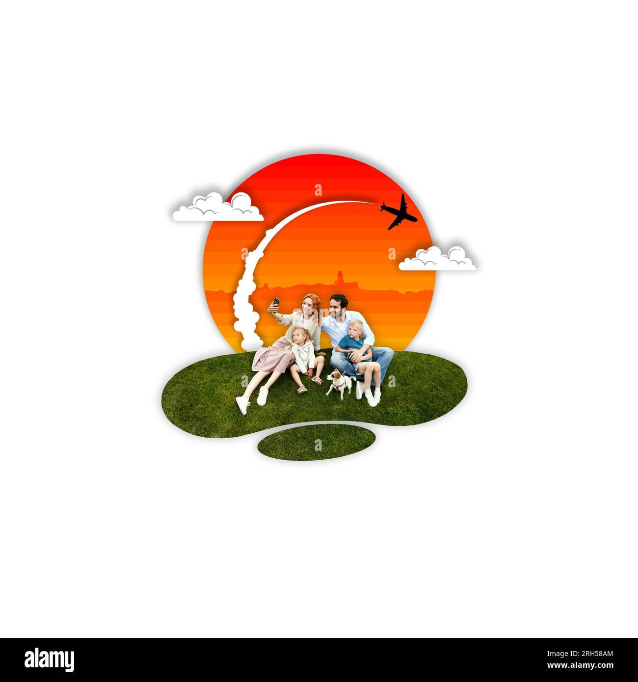 Beautiful loving family, man, woman and children sitting on lawn and ...