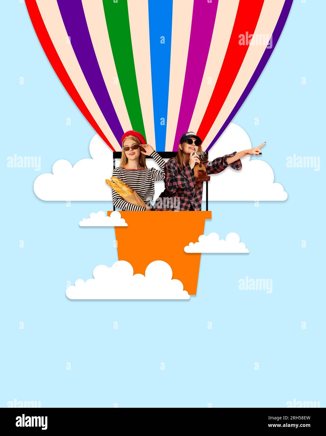 Cheerful girls flying on air balloon, taking photos and enjoying flight ...