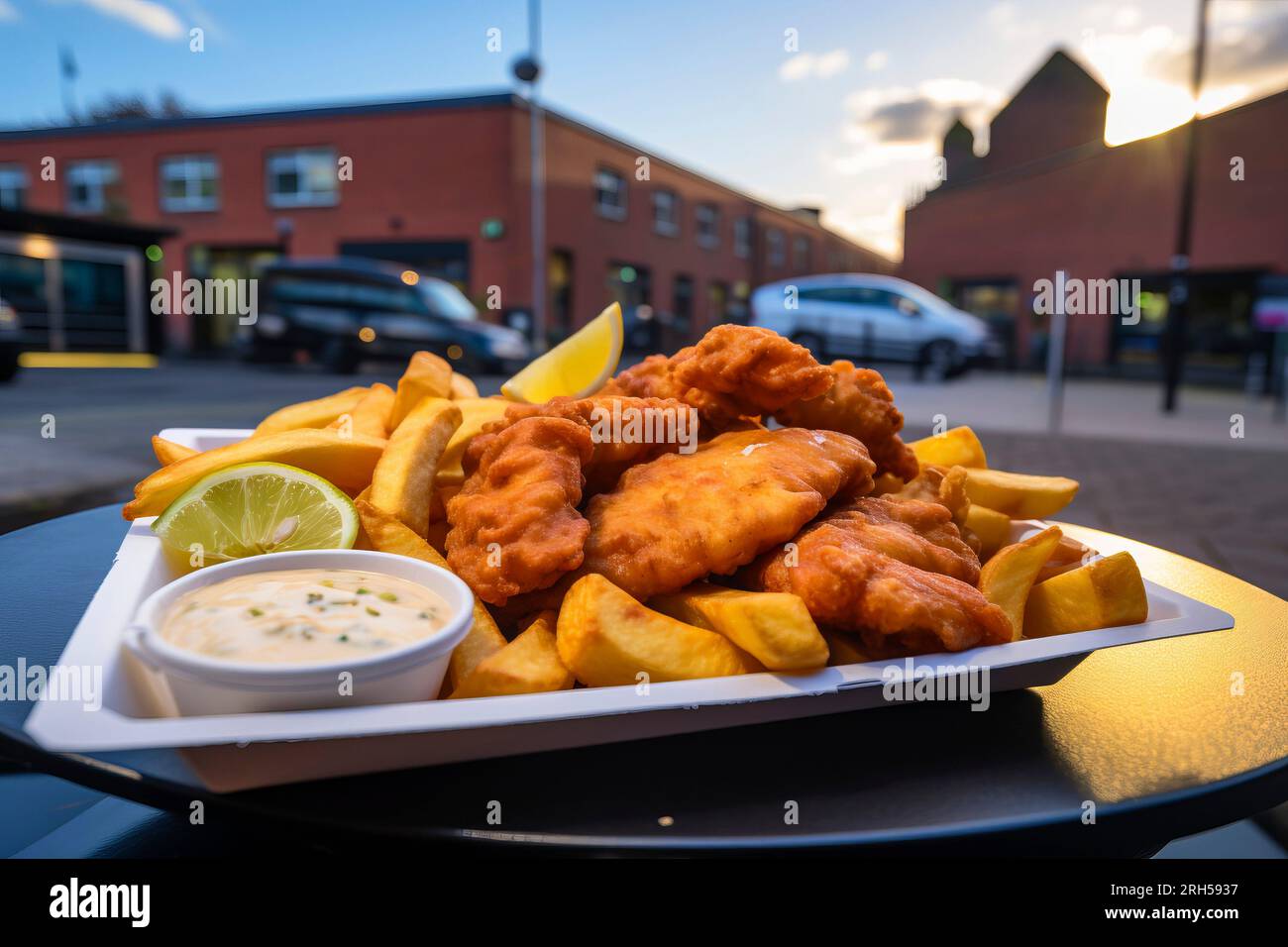 Savory street food presentation featuring classic fish and chips on a ...