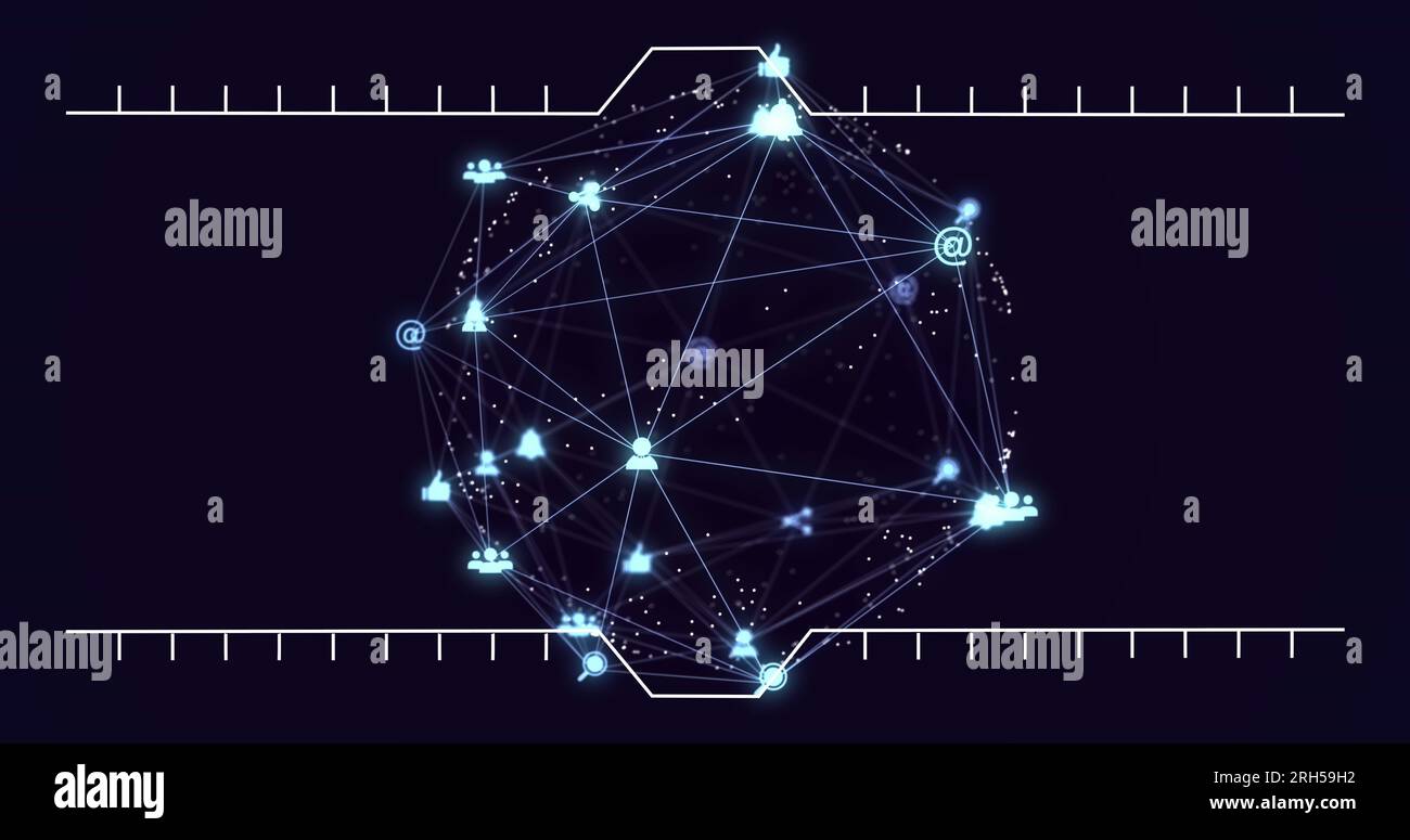 Image of globe of glowing blue digital icons spinning against black ...