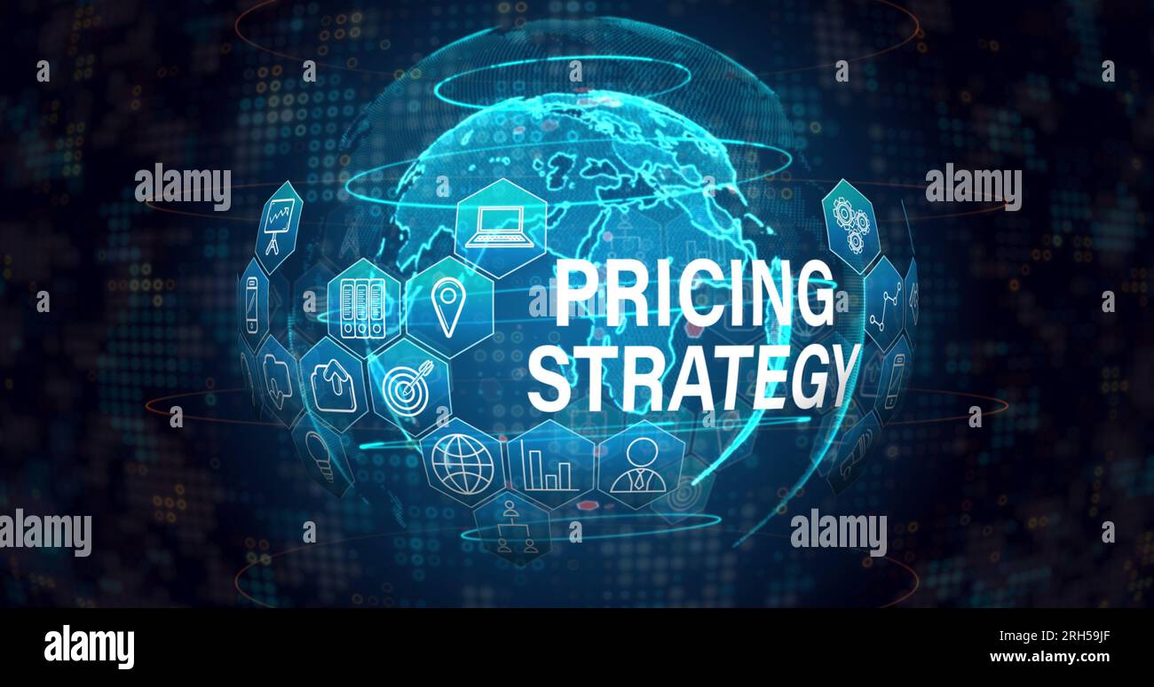 Image of pricing strategy text with icons over globe on black ...