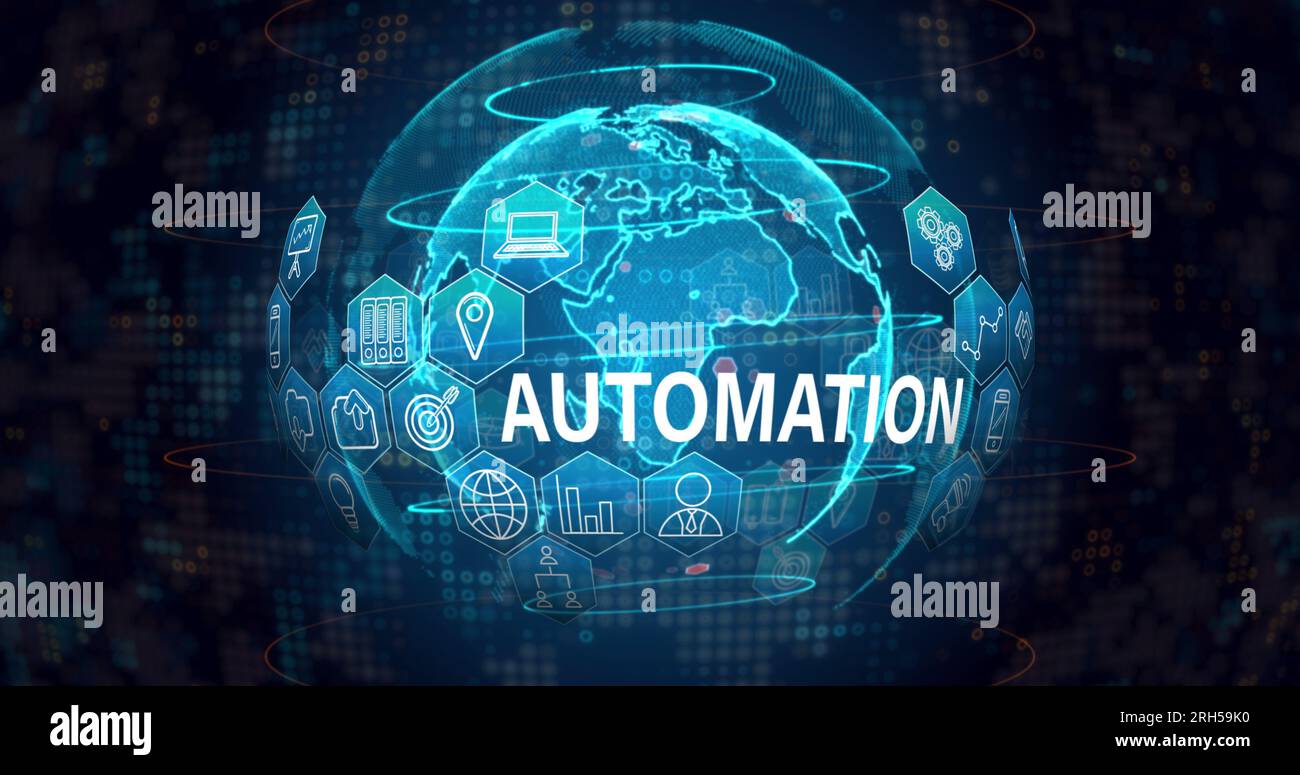 Image of automation text with icons over globe on black background ...