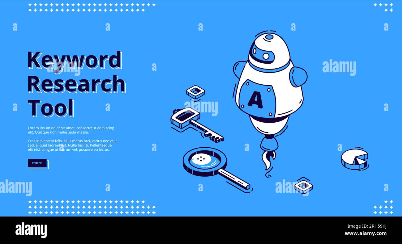 Keyword research tool banner with isometric icons on blue background ...