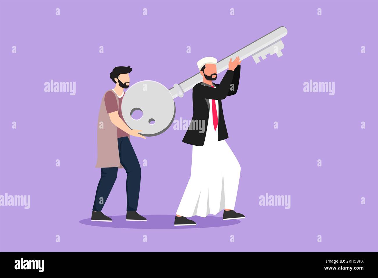Character flat drawing two Arabian man hold together key to open locked ...